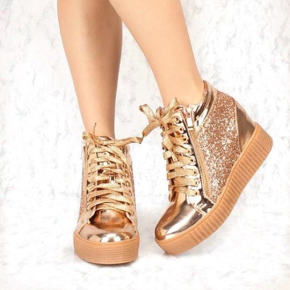 Shoes | Last Ones75 Rose Gold Sequin Sneaker Wedges | Poshmark